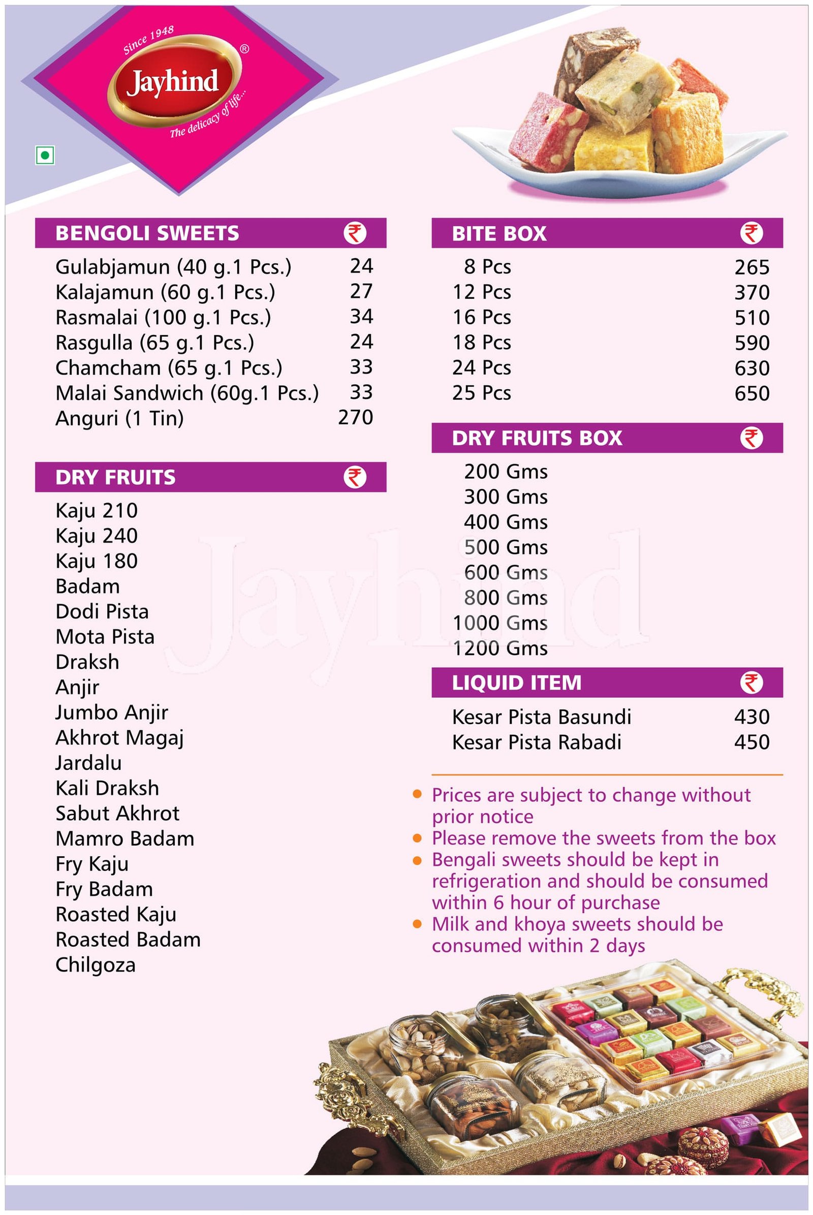 Price List Of Jayhind Sweets | India's No. 1 Online Sweets & Bakery Shop